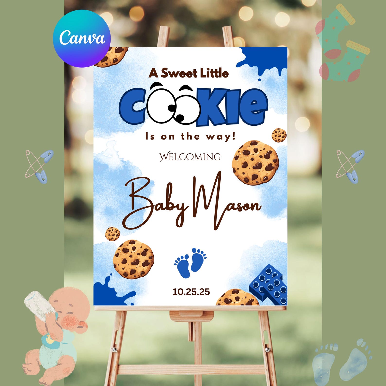 Cookie Baby Shower Welcome Sign: Canva Editable Blue Design (digital ...