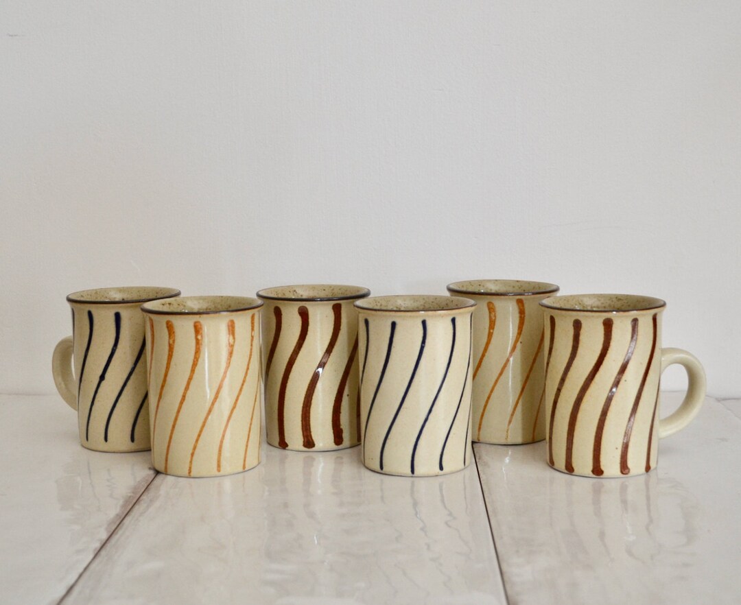 Vintage Ceramic Striped Stoneware Wavy Coffee Mugs / Vintage Kitchen ...