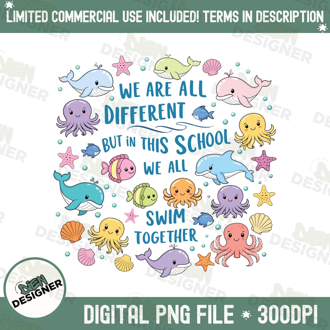 We All Swim Together PNG, Ocean Animal Classroom PNG, Inclusive Teacher ...