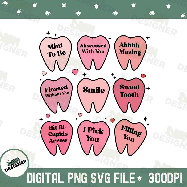 Valentine Dental Tooth PNG SVG, Candy Hearts Tooth PNG, Dentist ...