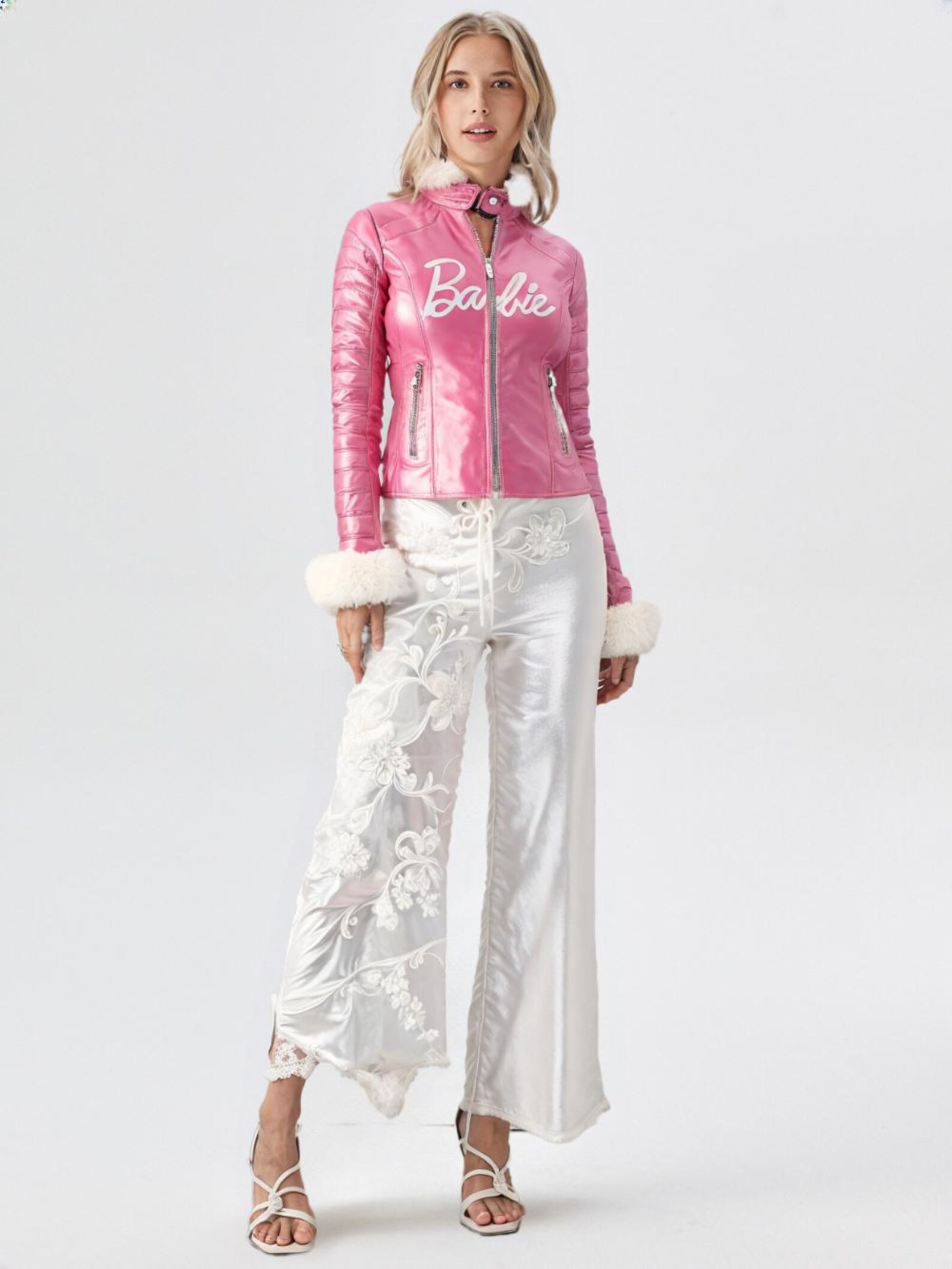 Barbie Pink Leather Jacket Women’s Sheep Fur Winter Coat Zip Biker ...