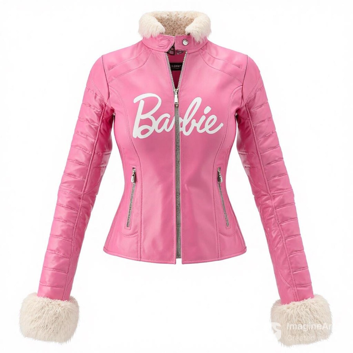 Barbie Pink Leather Jacket Women’s Sheep Fur Winter Coat Zip Biker ...