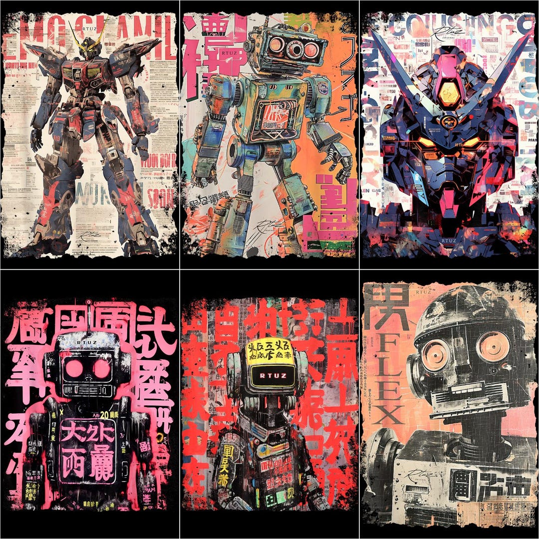 Retro Mecha & Cyberpunk Robot PNG Bundle – Vintage Sci-fi T-shirt ...