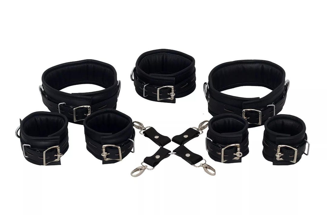 Leather Handcuffs Wrist Ankle Cuffs Neck Collar Restraint Bondage Set 7 ...
