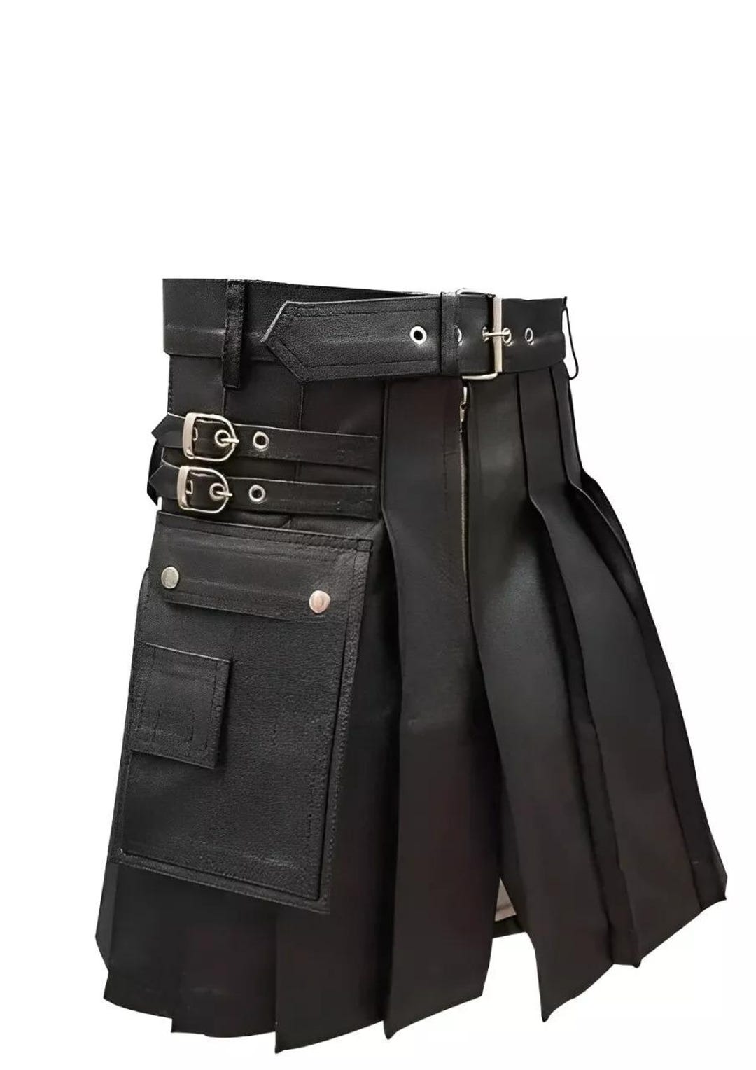 Mens Real Leather Gladiator Kilt Scottish Pleated Cargo Pockets LARP ...