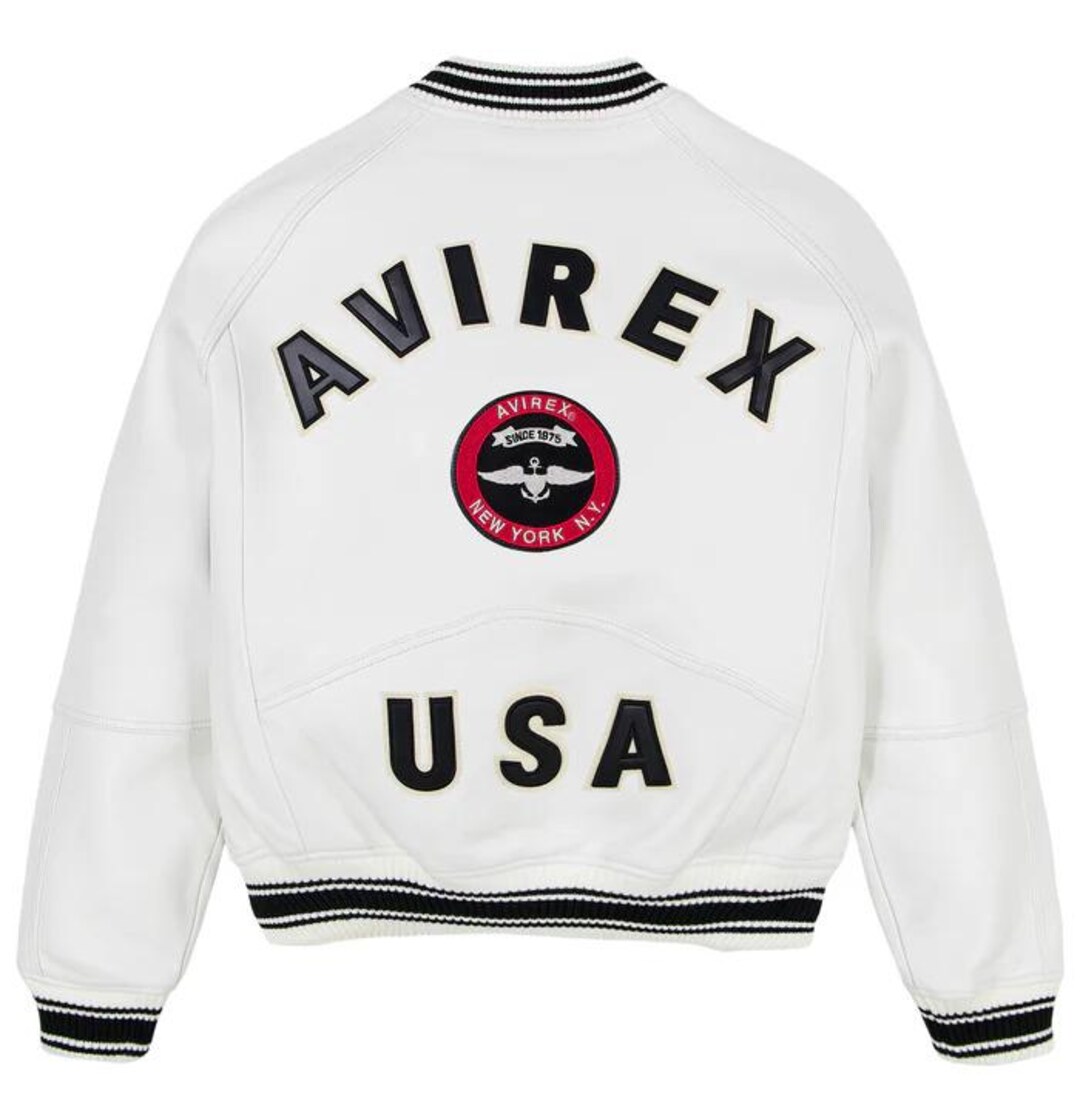 Avirex USA White Leather Varsity Bomber Jacket – Premium Aviation ...