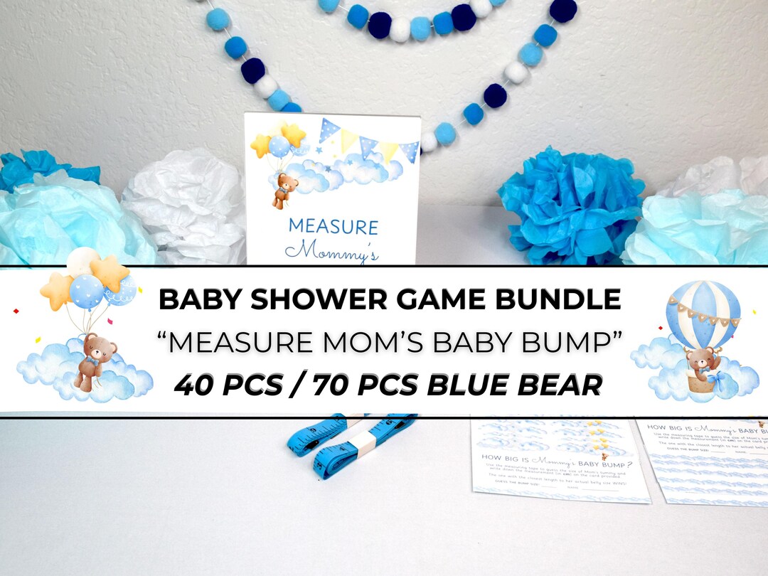 PRINTED Blue Bear Baby Shower Games BUNDLE Printed | Measure Baby Bump ...