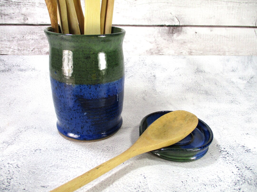Ceramic Utensil Holder With Matching Spoon Rest Set, Blue Green Kitchen ...