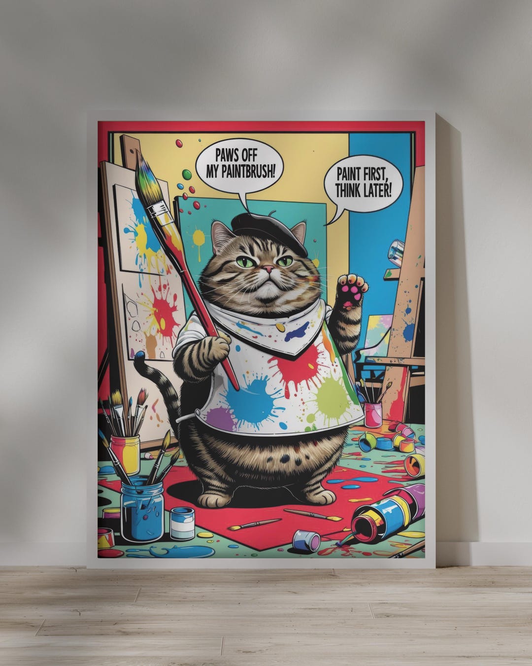 Funny Artist Cat Poster Painter Cat Wall Art Colorful Art Studio Decor ...