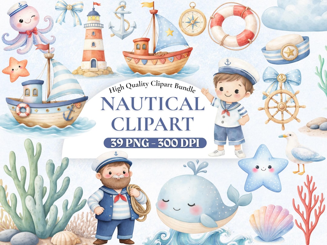 Watercolor Nautical Clipart Bundle, Coastal Graphics, Nursery Art ...