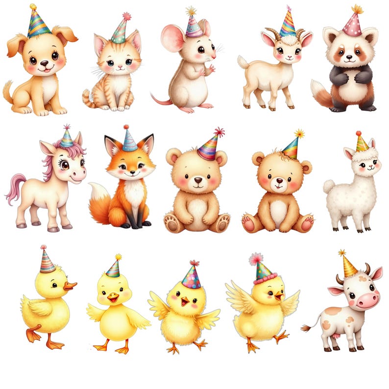 Watercolor Birthday Animal Clipart Bundle, Cute Party Animals PNG, Kids ...