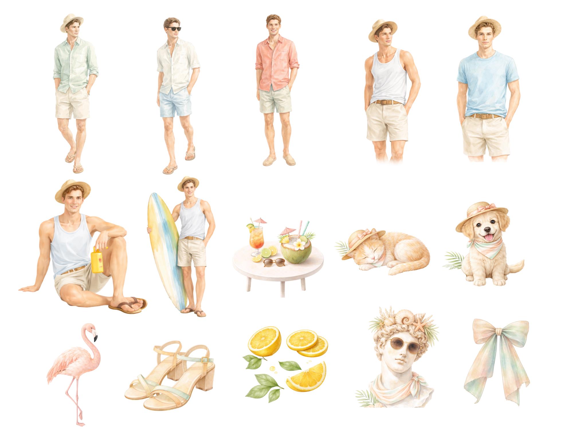 Watercolor Summer Clipart Bundle, Beach Clip Art, Sun Palm Tree PNG ...