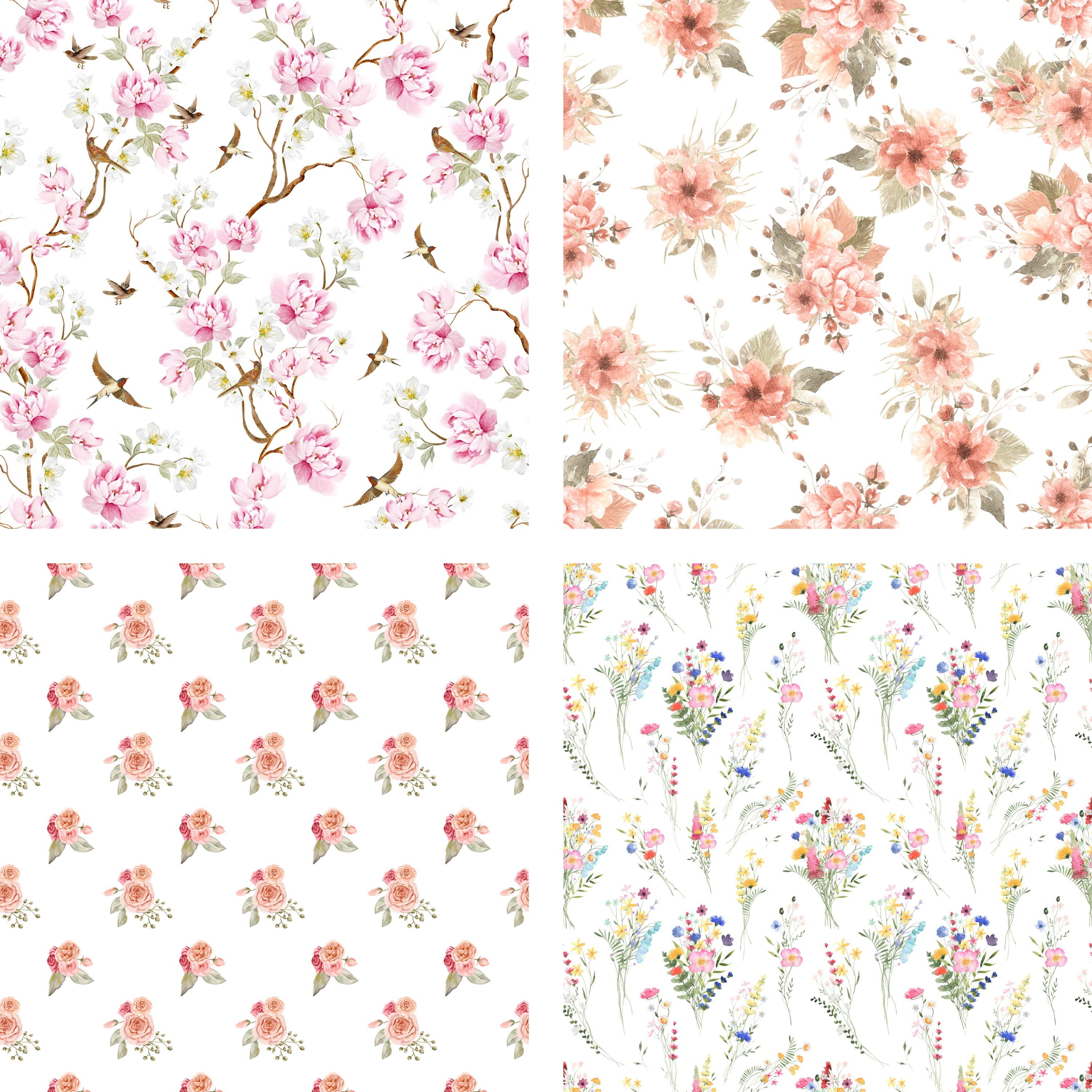 Spring Blossom Seamless Pattern, Watercolor Bows, Pink Rose Floral ...