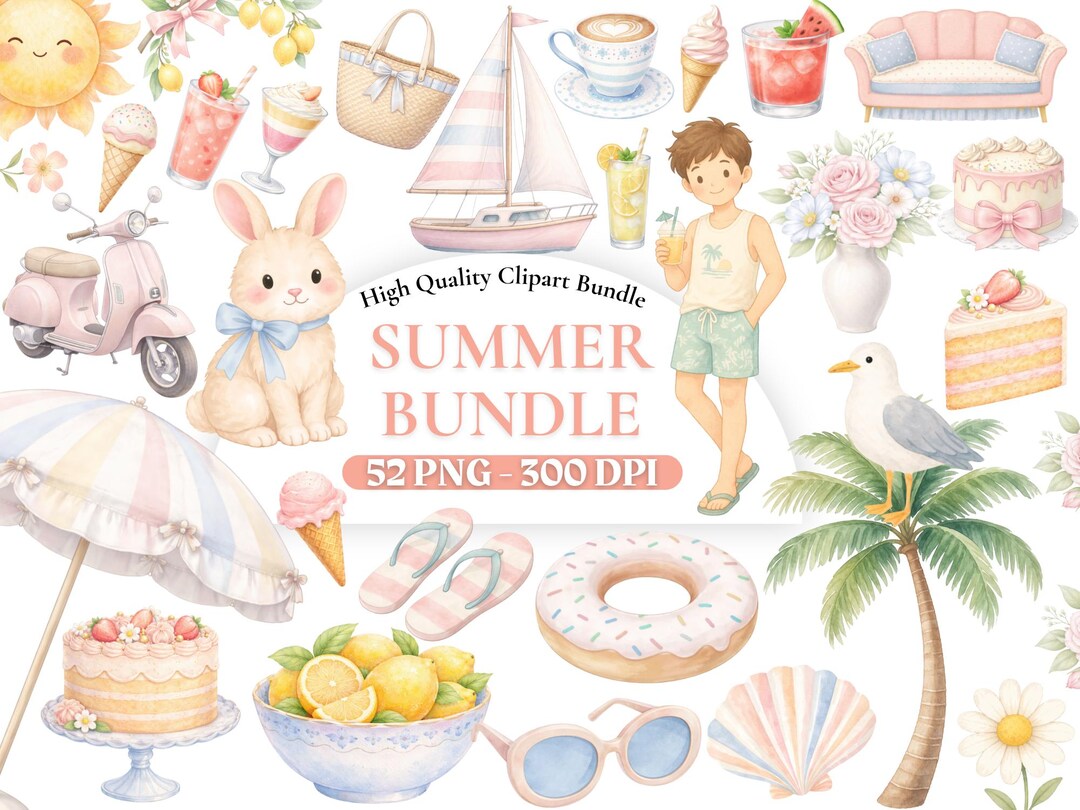 Watercolor Summer Clipart, Summer Bundle Pack, Vacation Essentials Kit ...