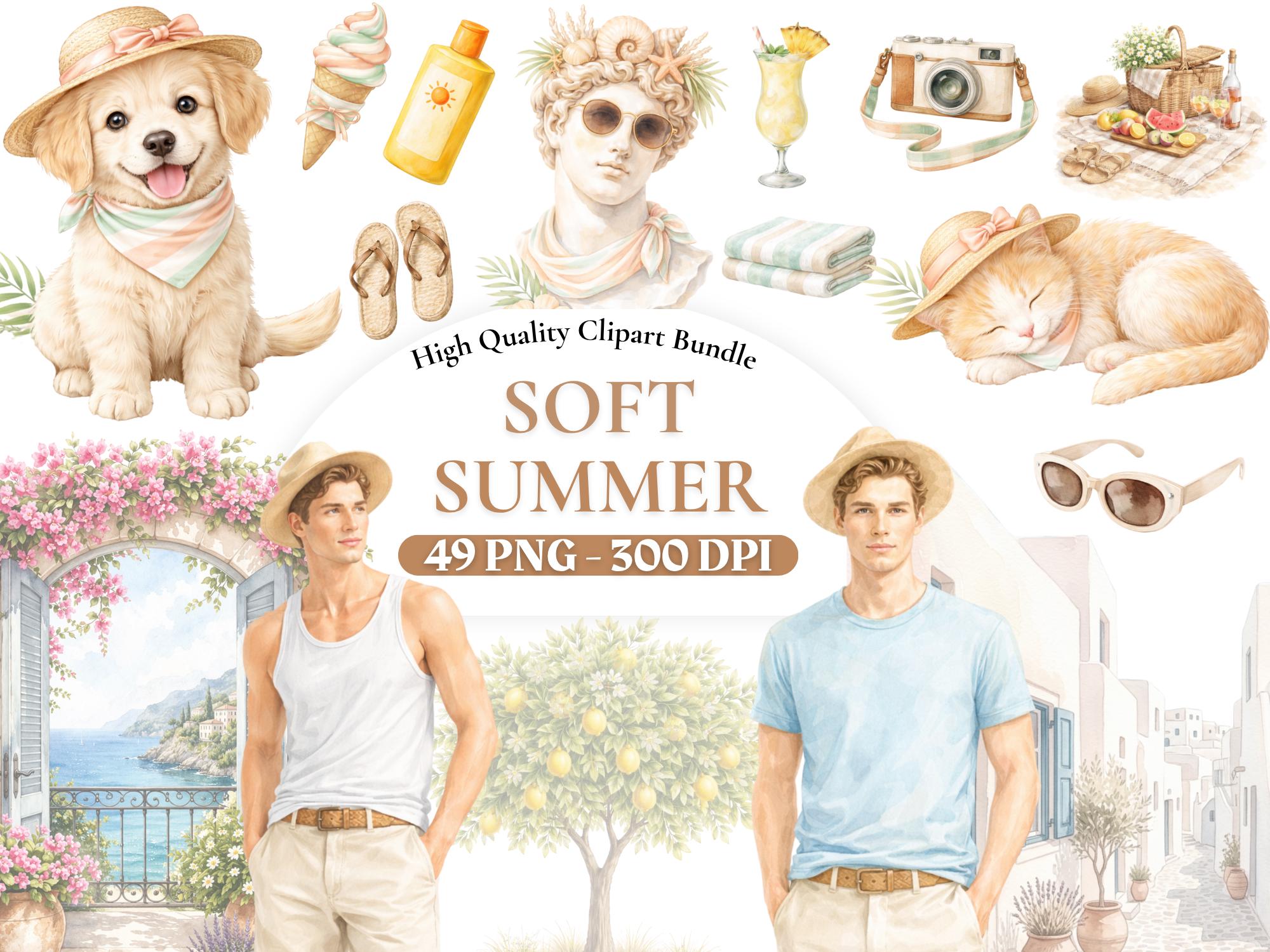 Watercolor Summer Clipart Bundle, Beach Clip Art, Sun Palm Tree PNG ...