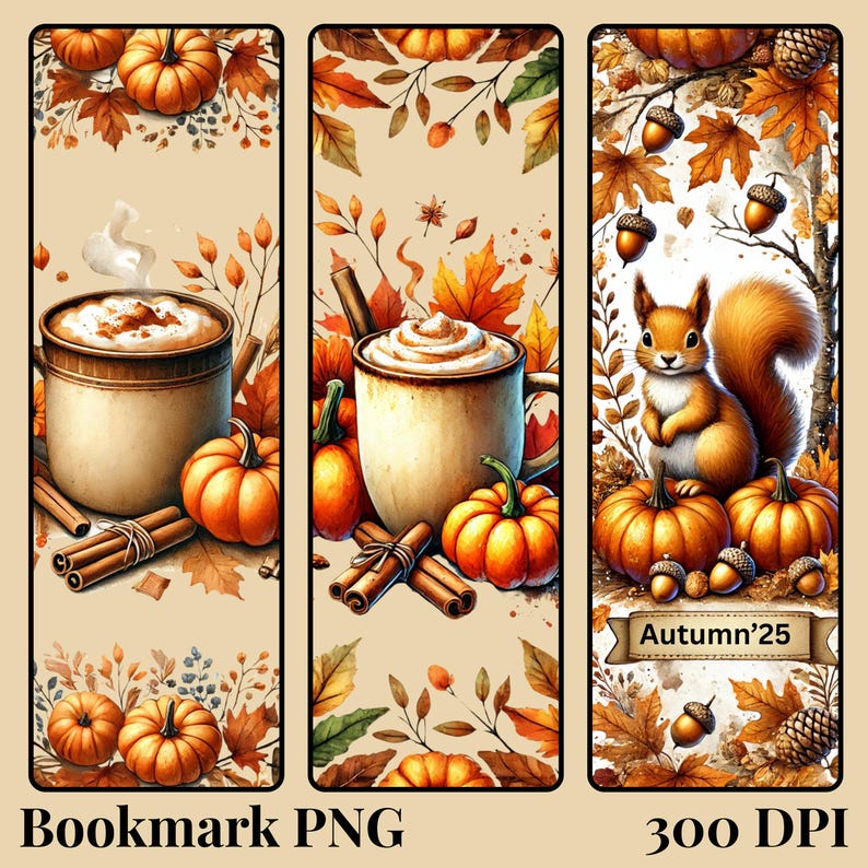 Watercolor Autumn Bookmark PNG Set: Printable Book Lover Gift (digital ...
