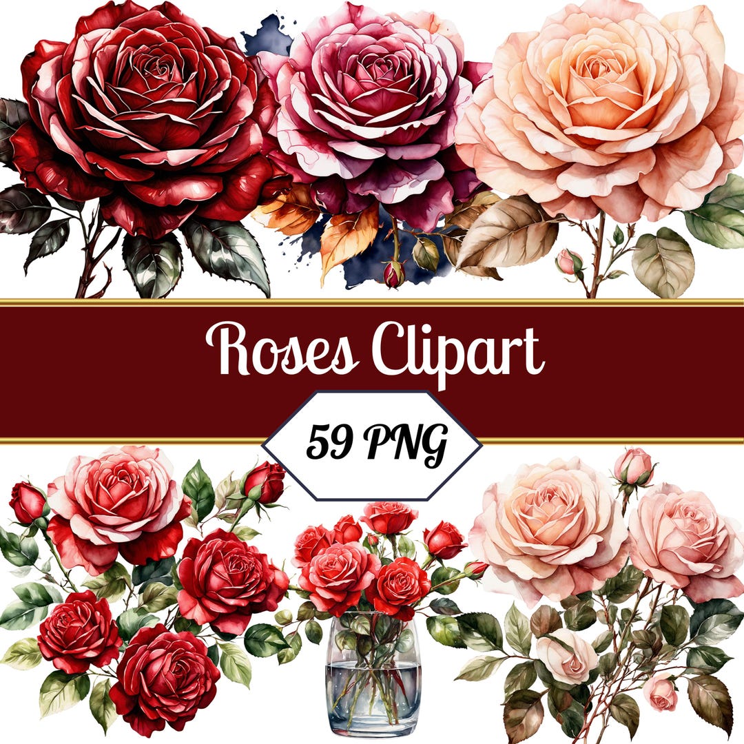 Watercolor Red Roses Clipart Bundle, Floral Rose PNG, Digital Flowers ...