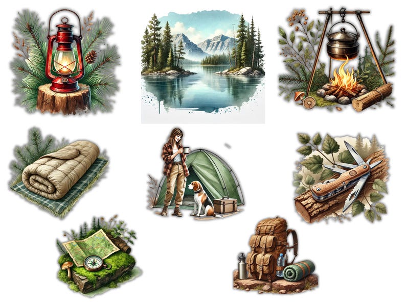 Watercolor Camping Clipart Set: Outdoor Adventure PNG Bundle (digital ...