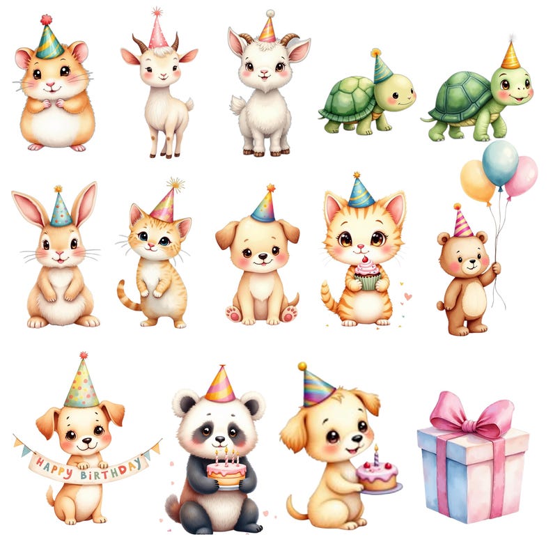 Watercolor Birthday Animal Clipart Bundle, Cute Party Animals PNG, Kids ...