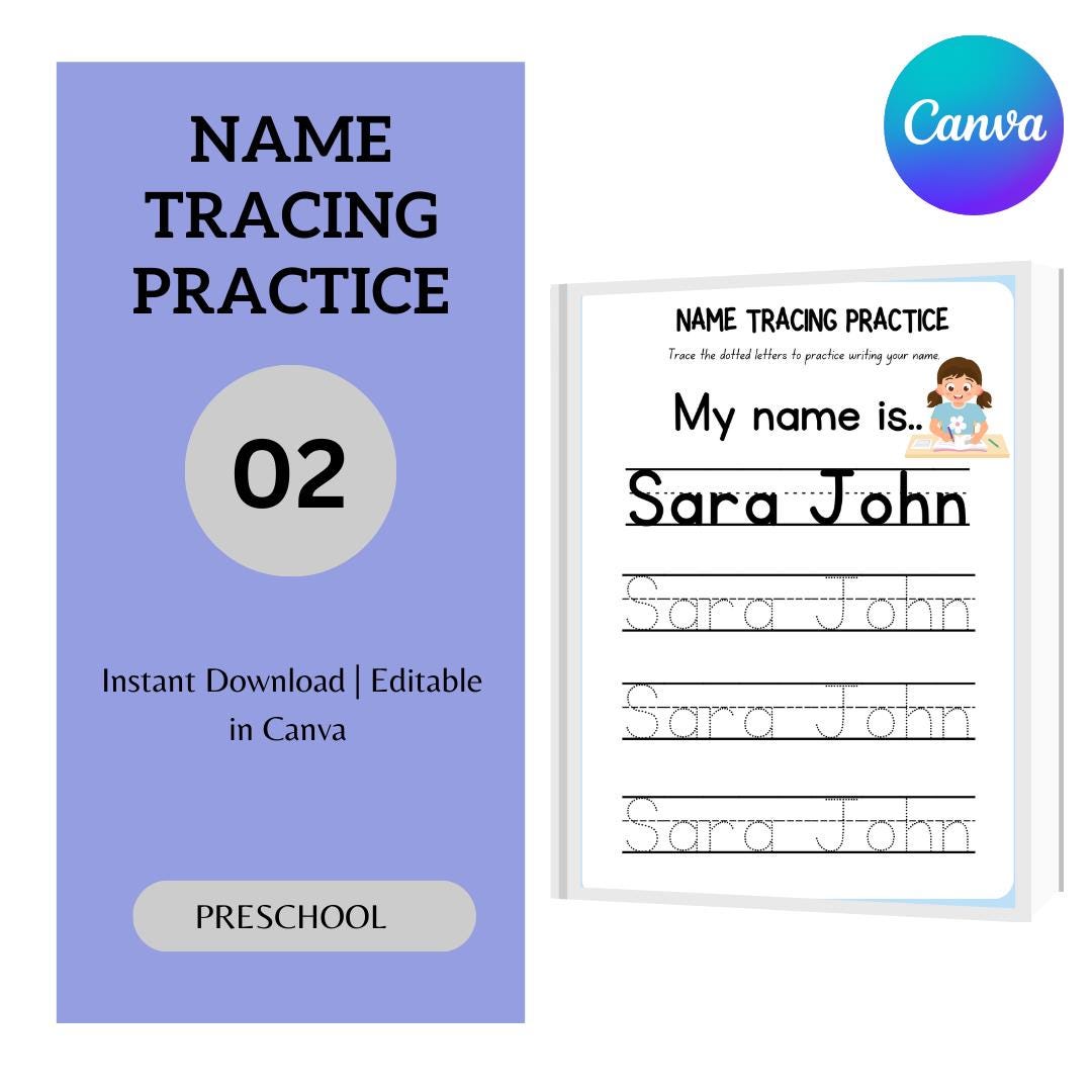 Custom Name Tracing Practice Canva Template | Editable Name Writing ...