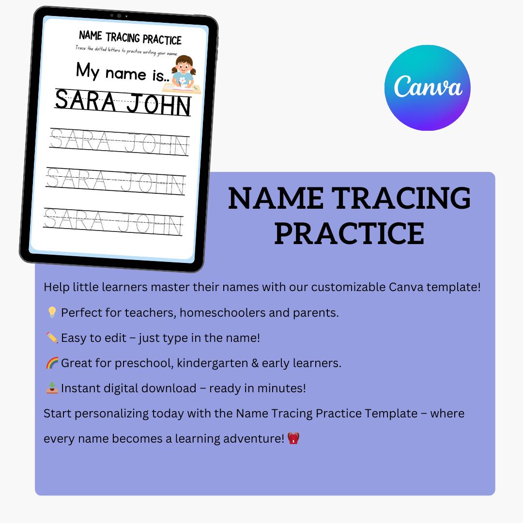 Custom Name Tracing Practice Canva Template | Editable Name Writing ...