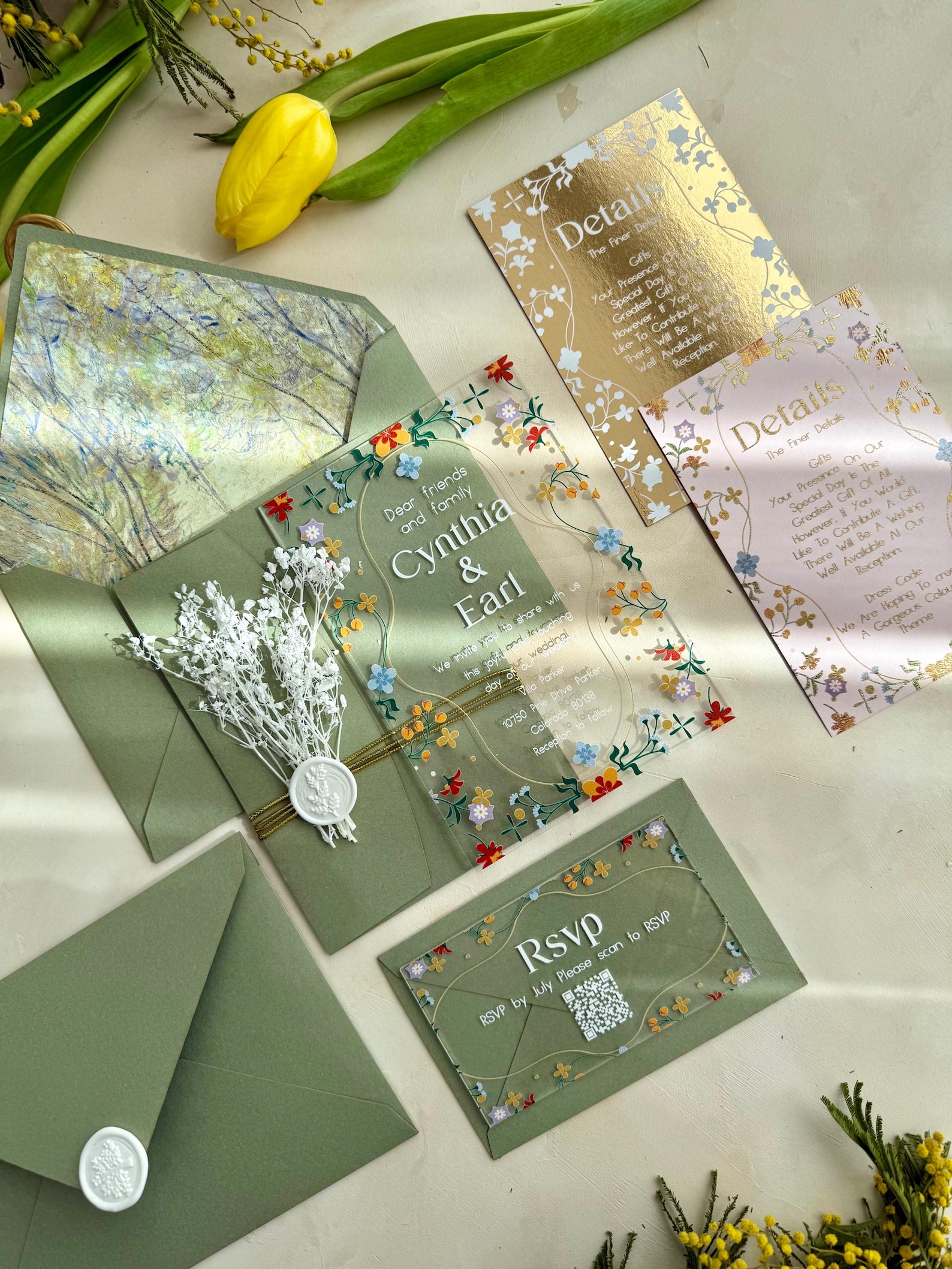 Elegant Wildflower Wedding Invitation Acrylic Set With QR Code RSVP ...