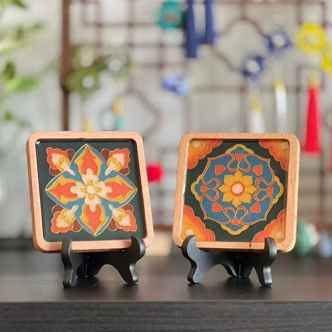A Traditional Cloisonné Enamel-patterned Wooden Coaster. - Etsy