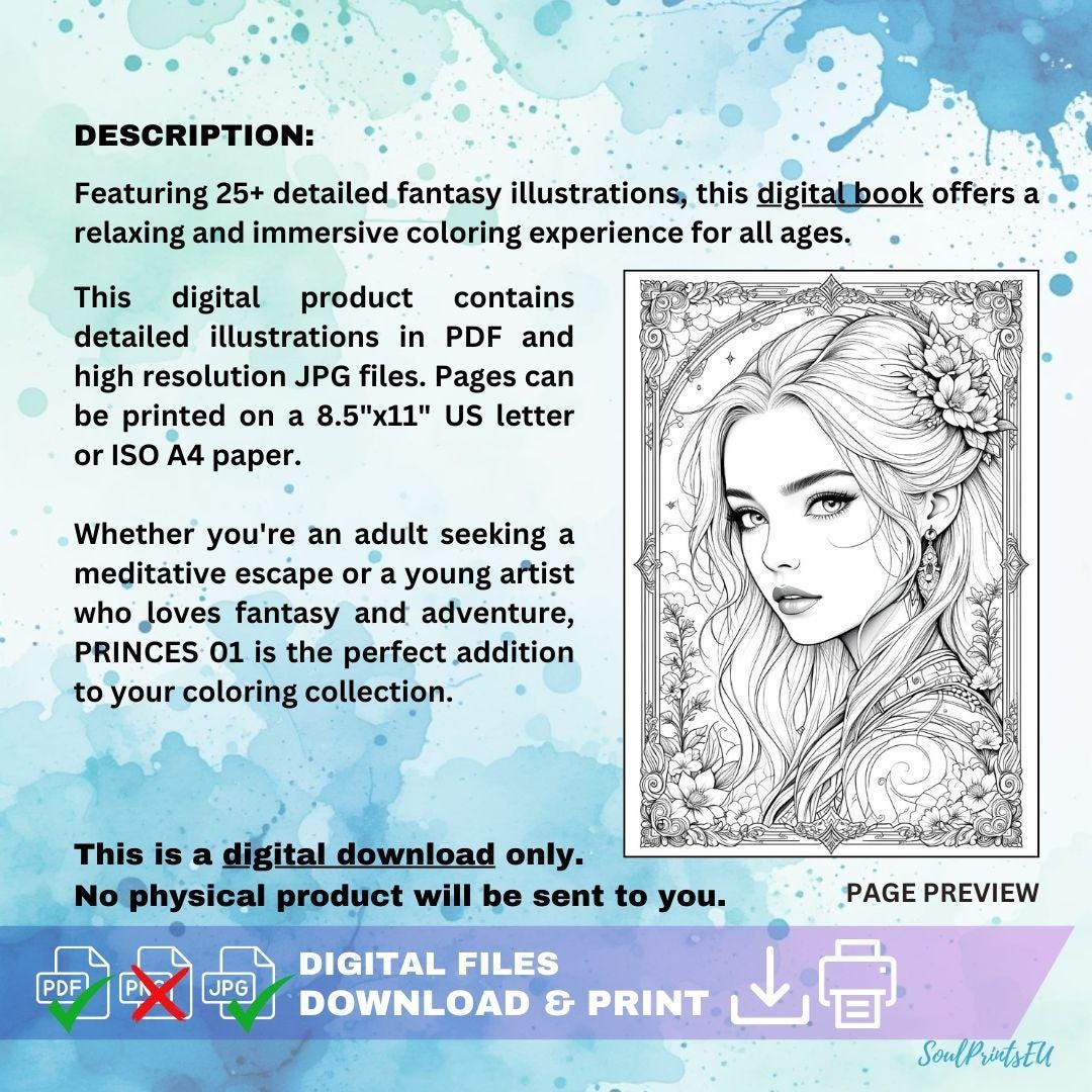 FANTASY PRINCESS 01 Coloring Pages. Digital Download. Printable Sheets ...