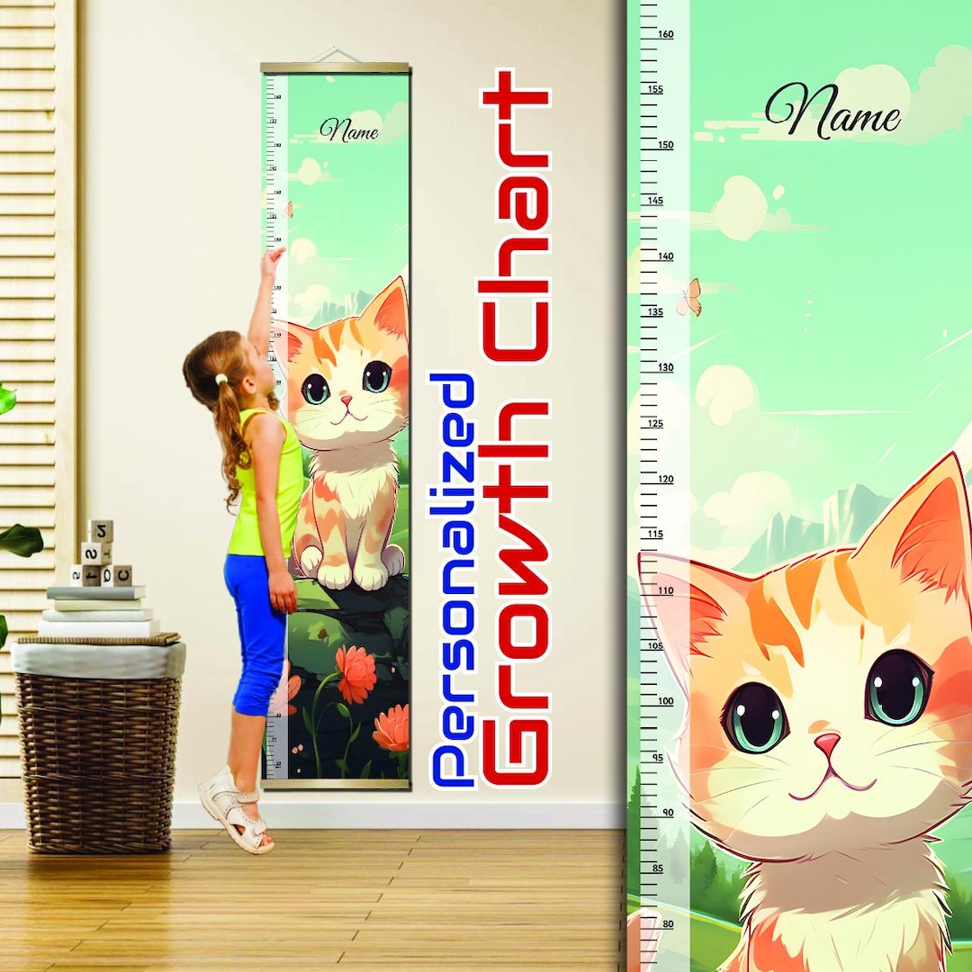 Personalized Cute Kitten Growth Chart - Adorable Anime Cat Height Ruler ...
