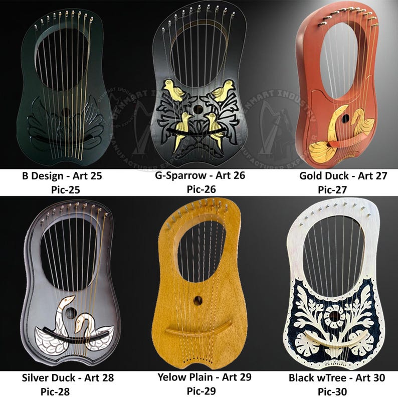 10 String Lyre Harp Rosewood Hand Engraved Natural and Polished Finish ...