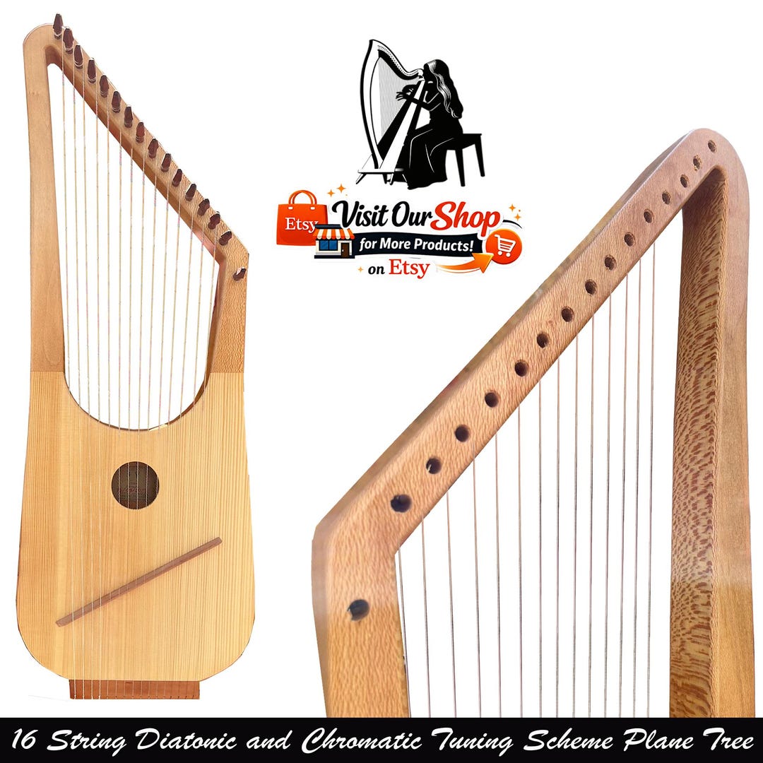 16 String Lyre Harp Plane Tree Wood Diatonic Chromatic Handmade Long ...