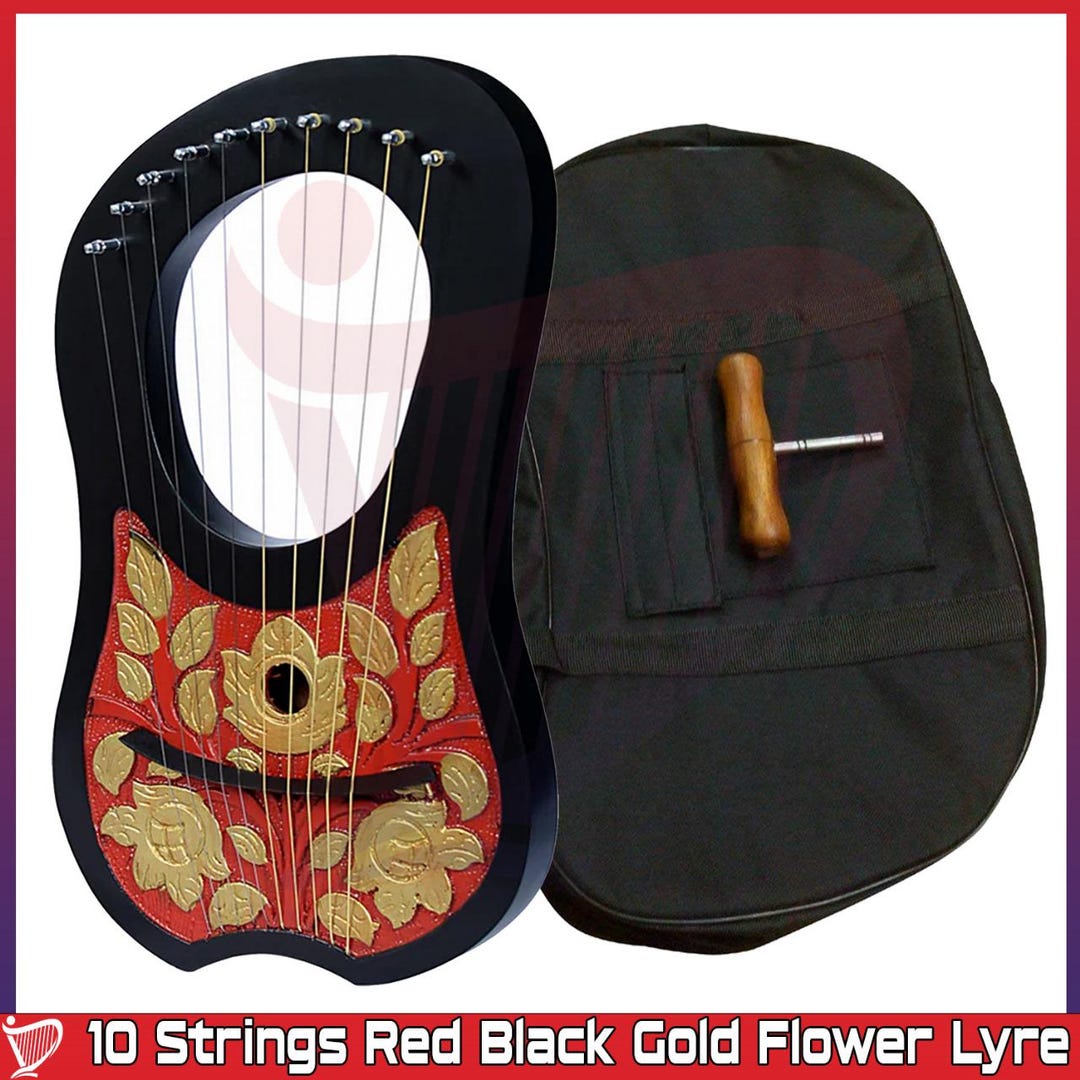 10 String Lyre Harp Black, Red & Gold Flowers Celtic Wooden Harp for ...