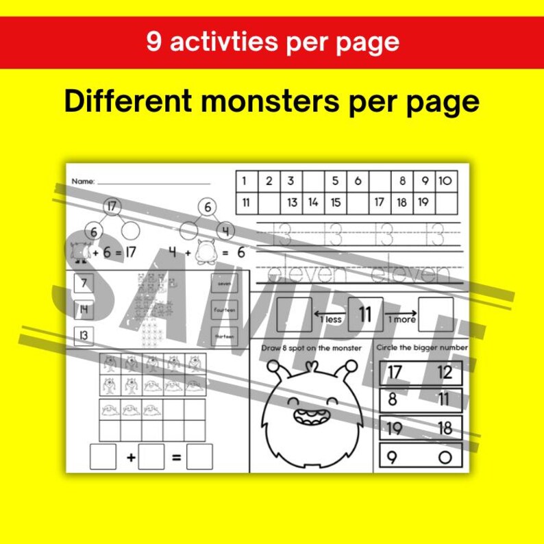 Monster Number Sense 1-20 Activity Mats Number Formation Number Bonds ...