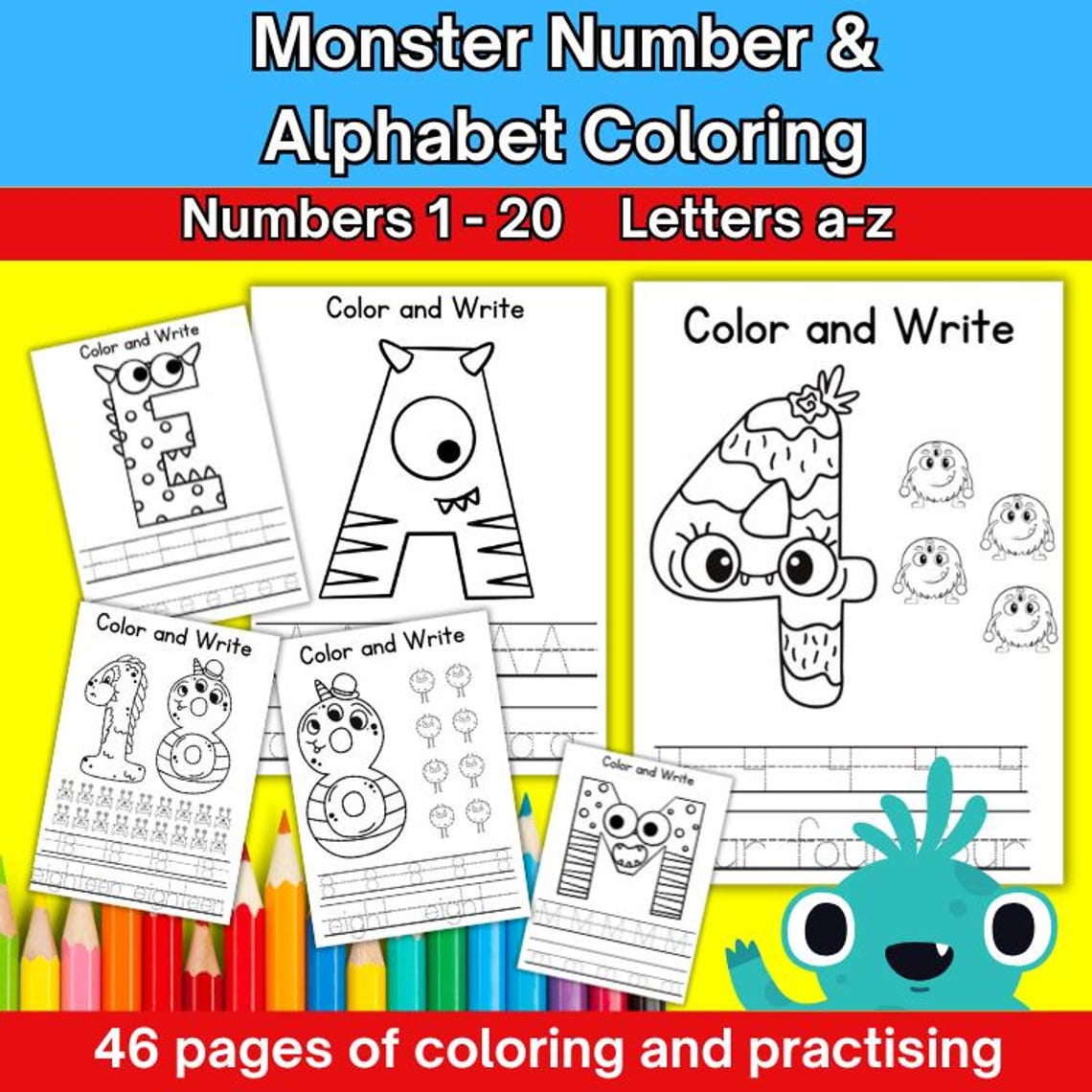 Monster Alphabet & Number Coloring Pages: Preschool Phonics Worksheets ...