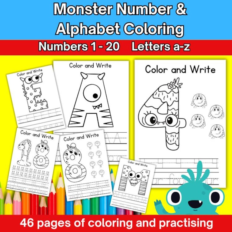 Monster Alphabet & Numbers 1-20 Coloring Pages Letter/number Formation ...