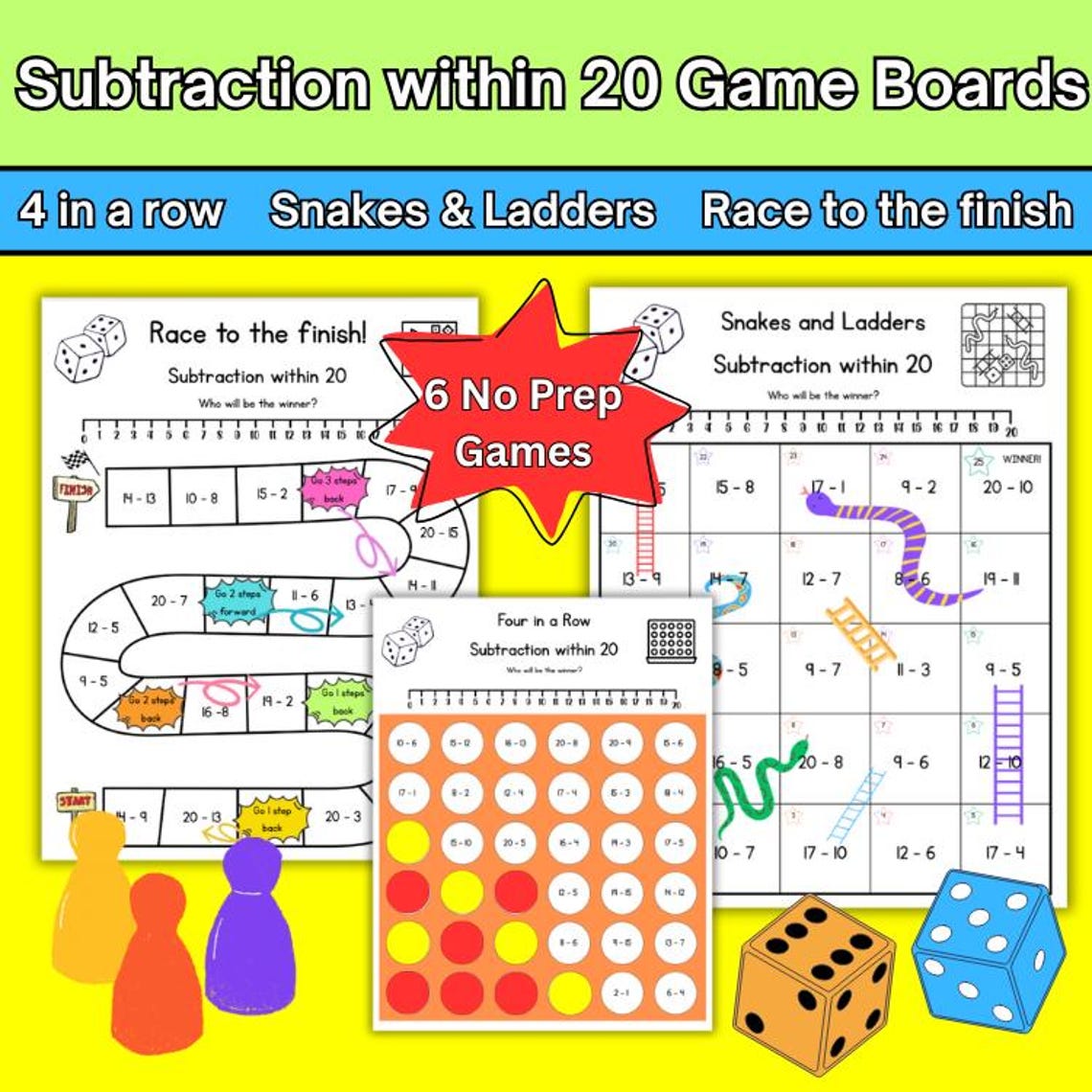 Subtraction Games: Snakes & Ladders, Connect 4 - Math Fact Fluency - Etsy