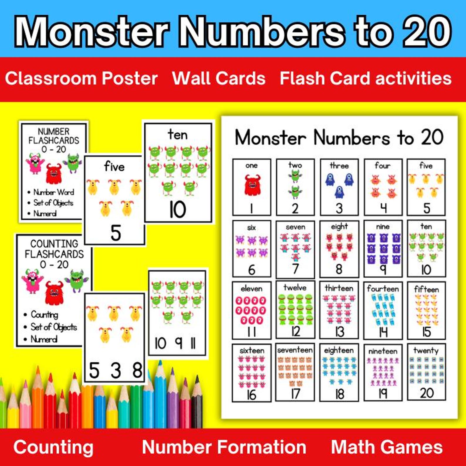 Monster Numbers to 20 Poster: Math Flashcards (digital Printable) - Etsy