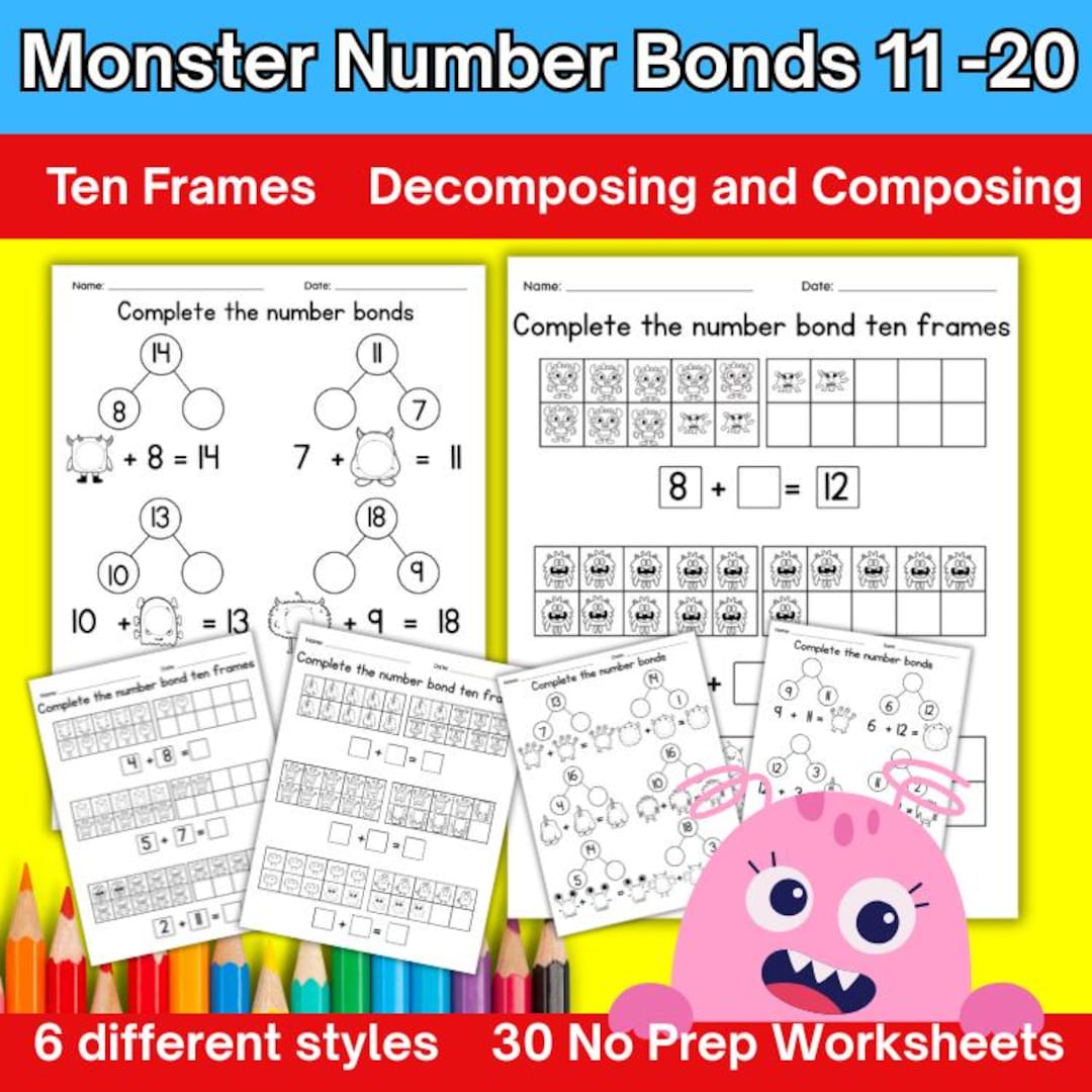 Monster Number Bonds 11-20 Part Whole Models Base Ten Kindergarten Math ...
