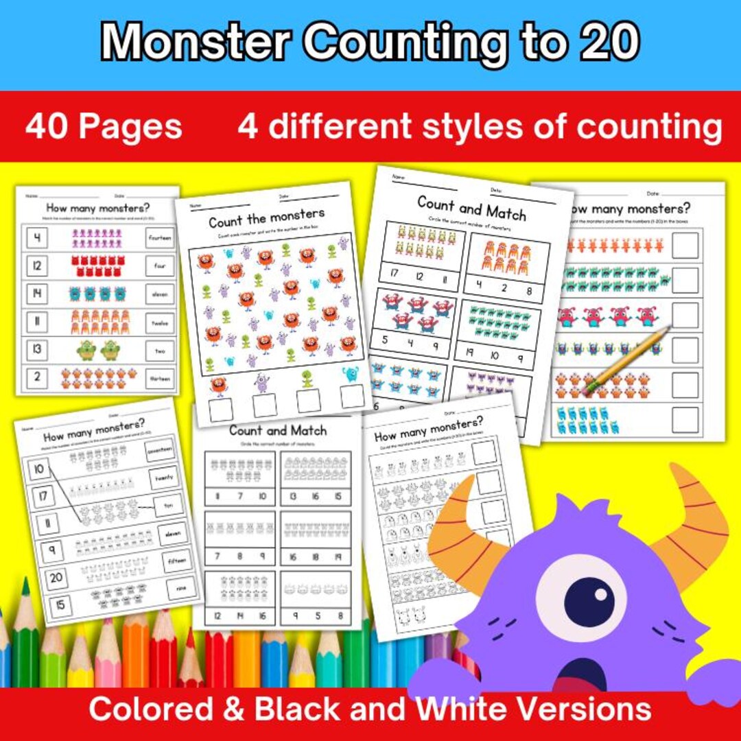 Monster Counting Objects to 20 Kindergarten Math Activity Worksheets ...