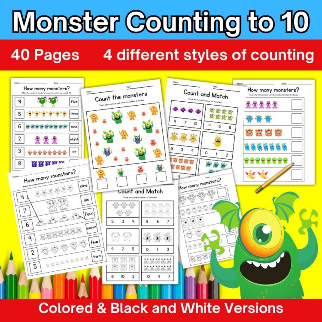 Monster Counting Objects to 10 Kindergarten Math Activity Worksheets ...