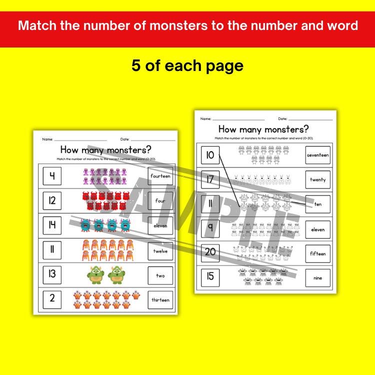 Monster Counting Objects to 20 Kindergarten Math Activity Worksheets ...