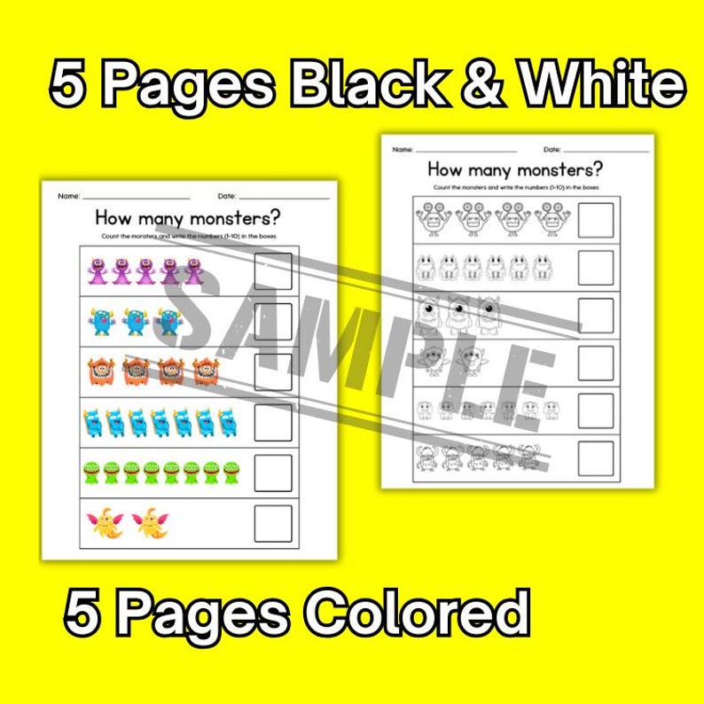 Monster Counting to 10 Worksheets: Kindergarten Math (digital Download ...