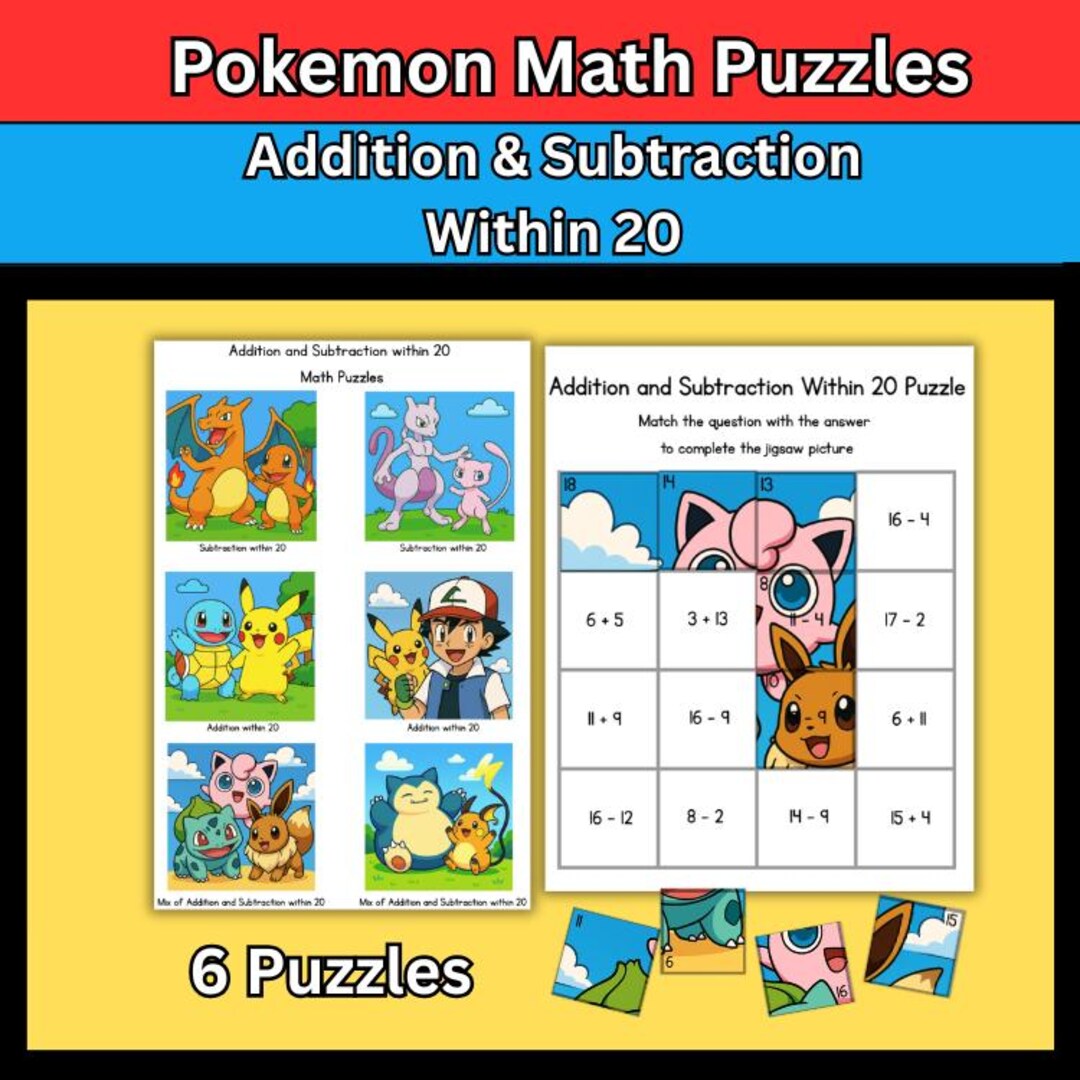 Pokemon Addition & Subtraction Within 20 Fact Practice Jigsaw Puzzles ...