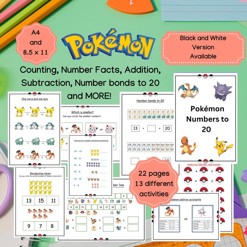 Pokemon Numbers to 20, First Grade Math Worksheets, Kindergarten ...