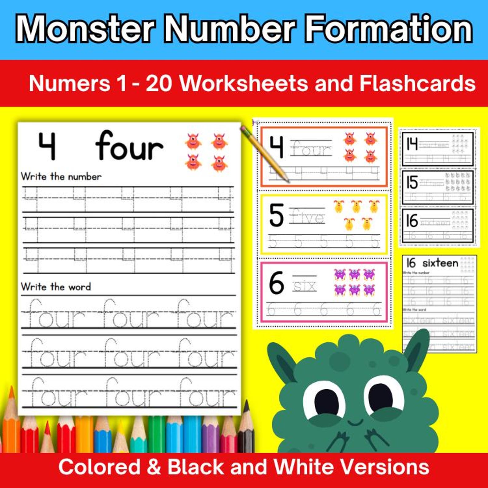 Monster Number Formation 1-20 Worksheets & Flashcards (digital Download ...