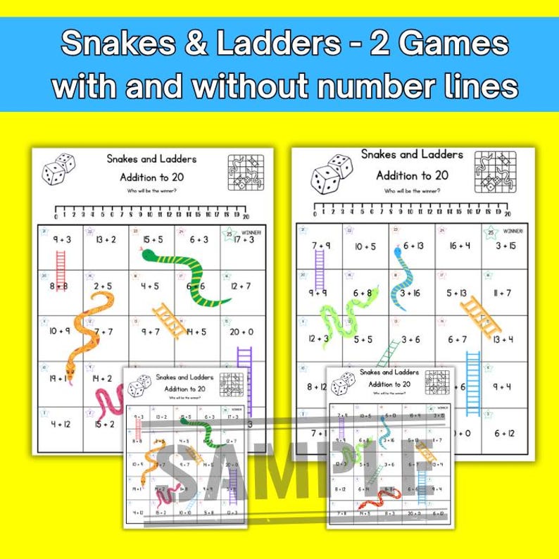 Addition Within 20 Games Snakes& Ladders, Connect 4, Kindergarten First ...