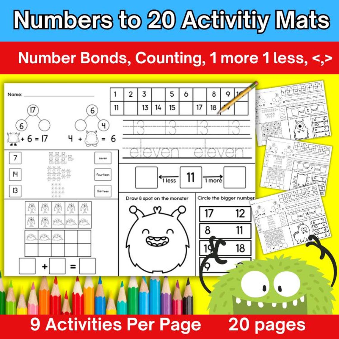 Monster Number Sense 1-20 Activity Mats Number Formation Number Bonds ...