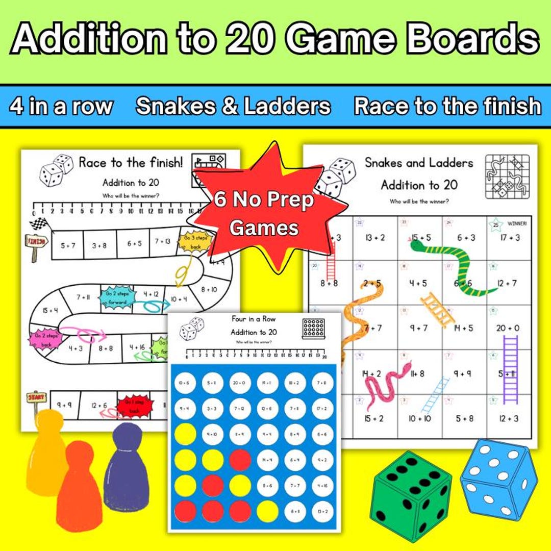 Addition Within 20 Games Snakes& Ladders, Connect 4, Kindergarten First ...