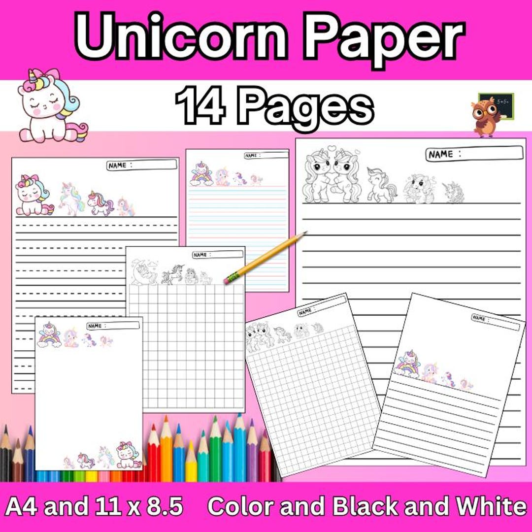 Unicorn Writing Paper: Lined, Squared, & Drawing Paper (digital ...