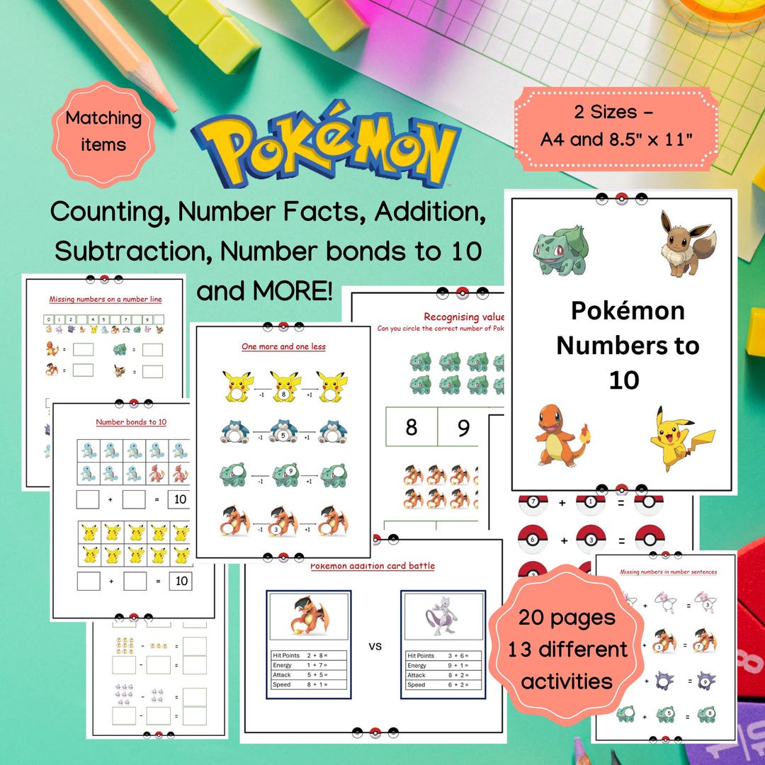 Pokemon Numbers to 10, Preschool Math Worksheets, Kindergarten, Digital ...
